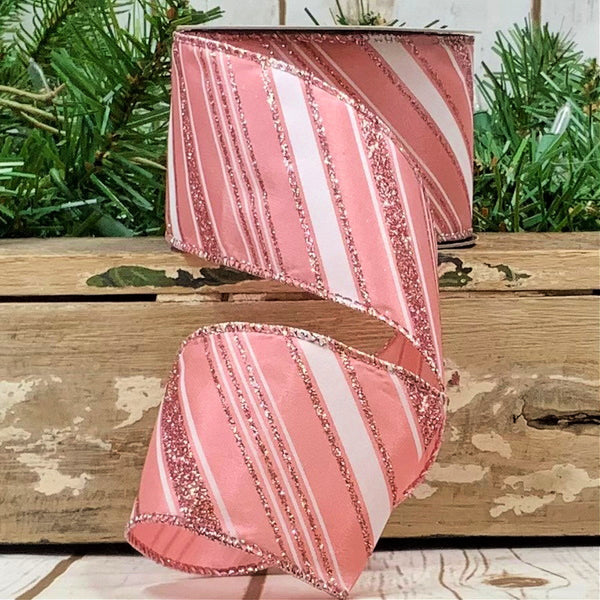 D Stevens Pink Glitter Candy Stripe Luxury Christmas Ribbon Wired ...